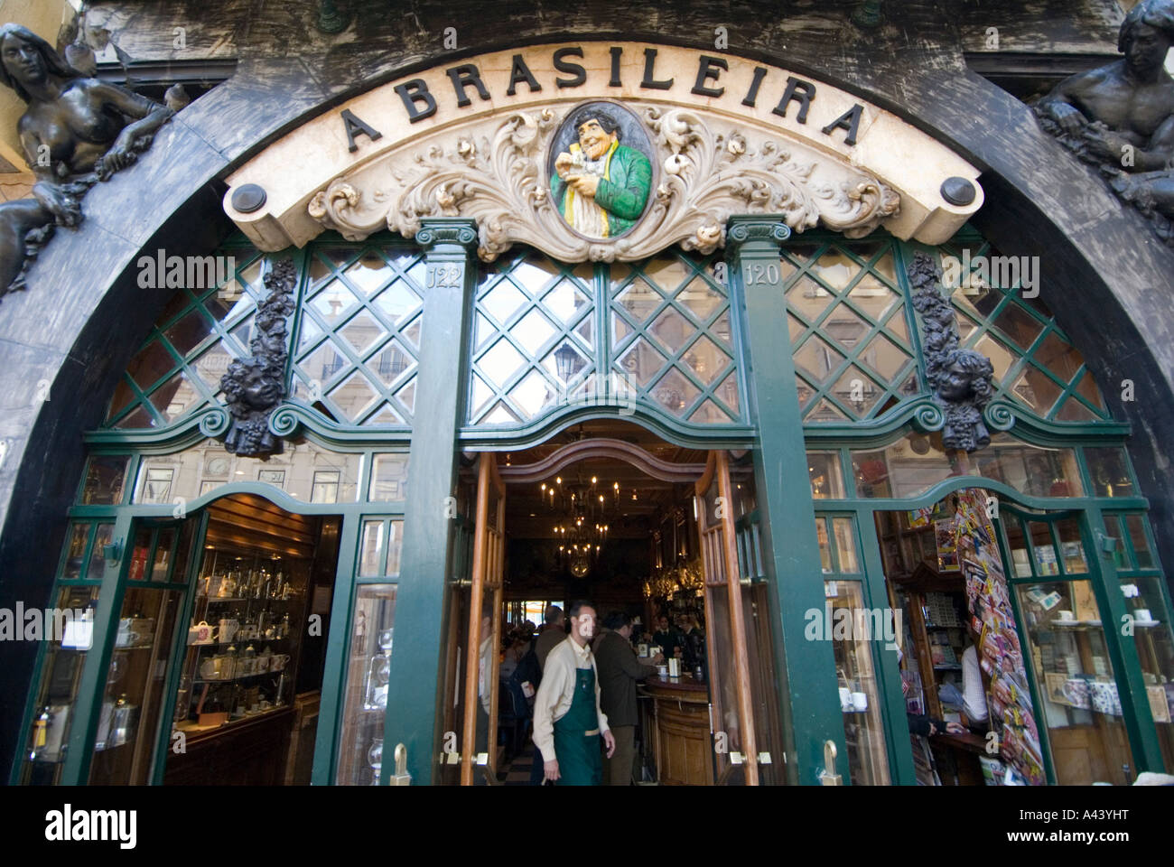 Entrance to the famous old style Lisbon cafe A BRASILEIRA in the ...