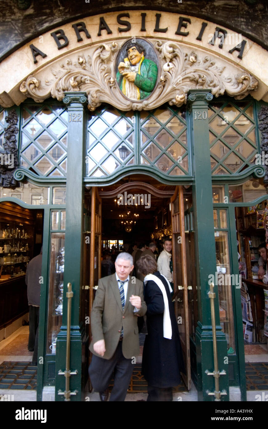 Entrance to the famous old style Lisbon cafe A BRASILEIRA in the ...