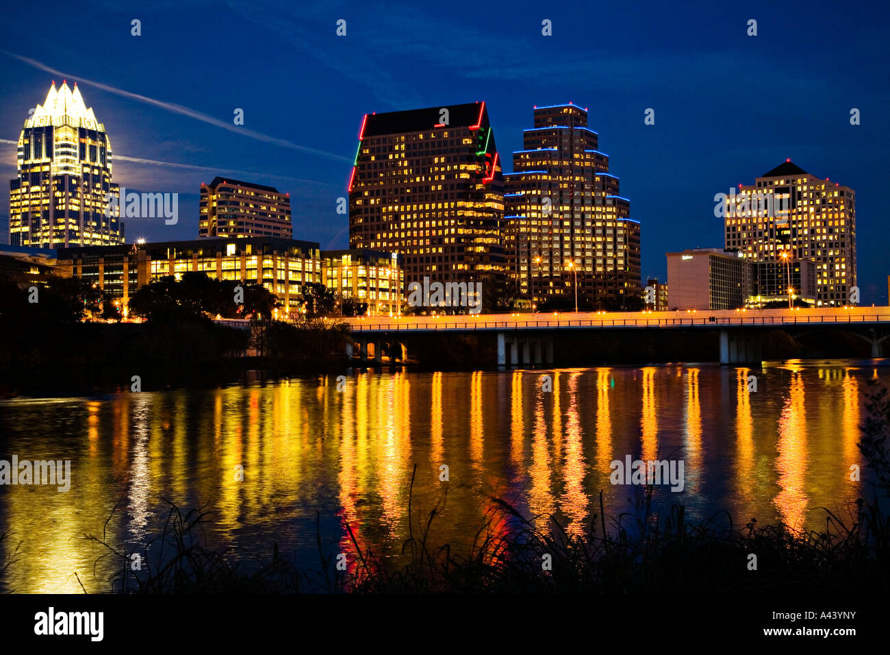 TEXAS Austin City skyline at dusk reflected in waters of Town Lake ...