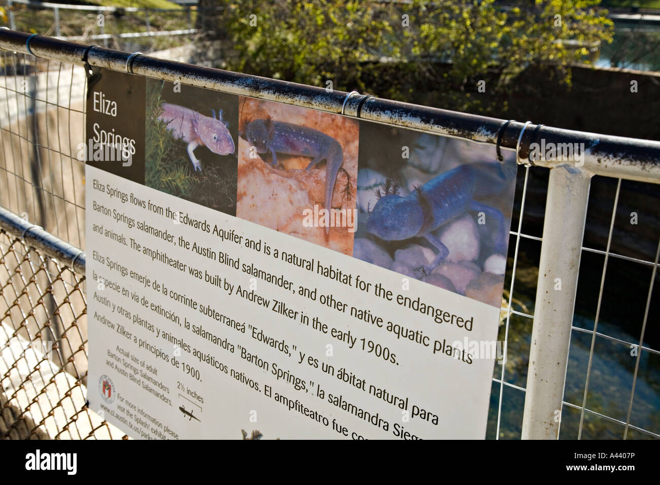 TEXAS Austin Sign posted on fence surrounding Eliza Springs in Gilker ...