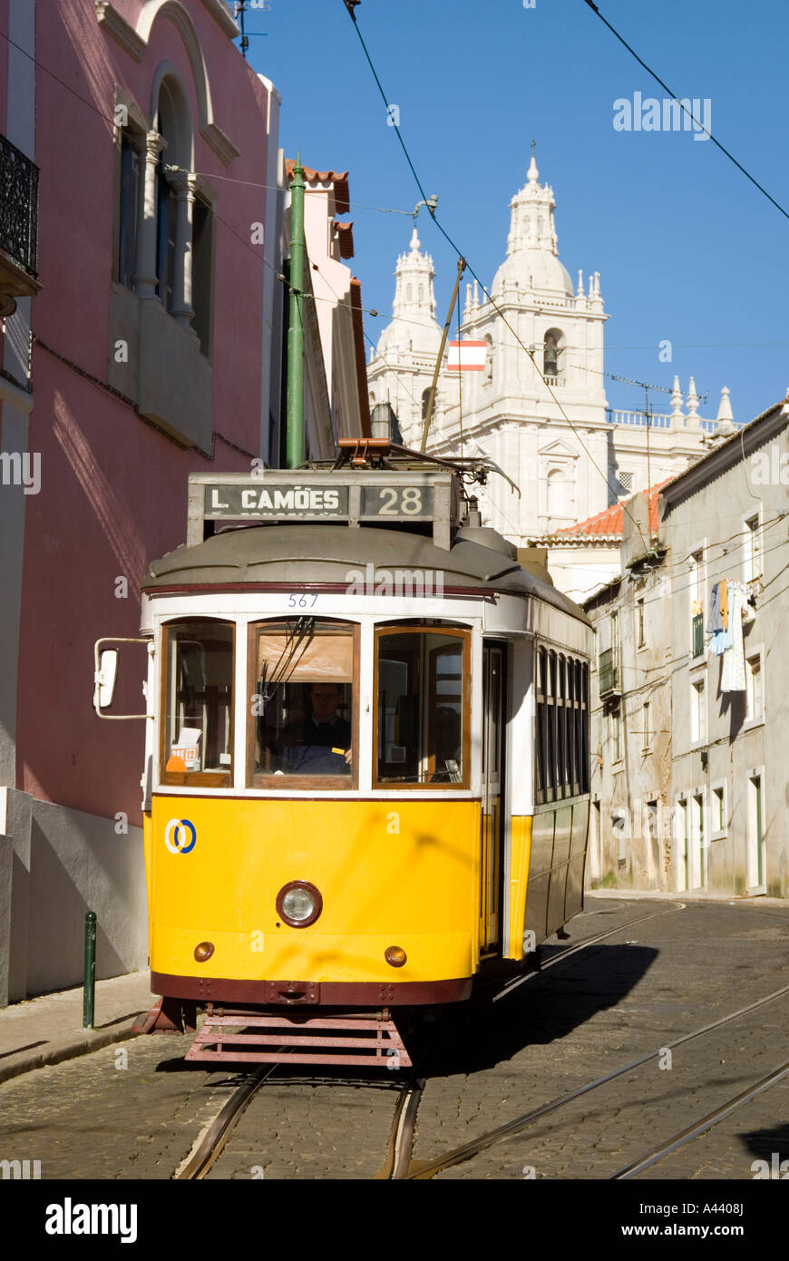 The early twentieth century English built number 28 tram Alfama Lisbon ...