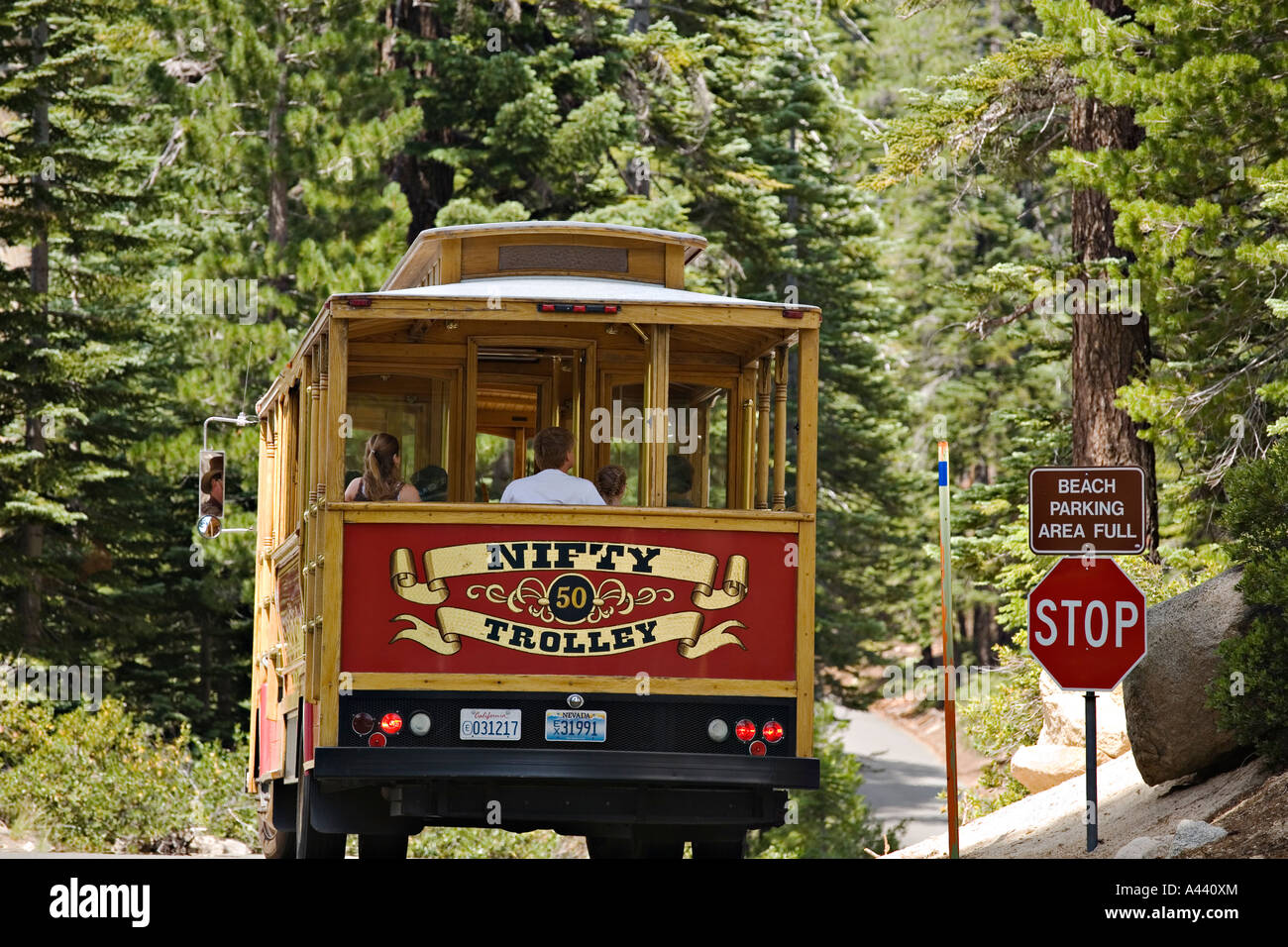 CALIFORNIA Lake Tahoe View of back of Nifty 50 Trolley transportation ...
