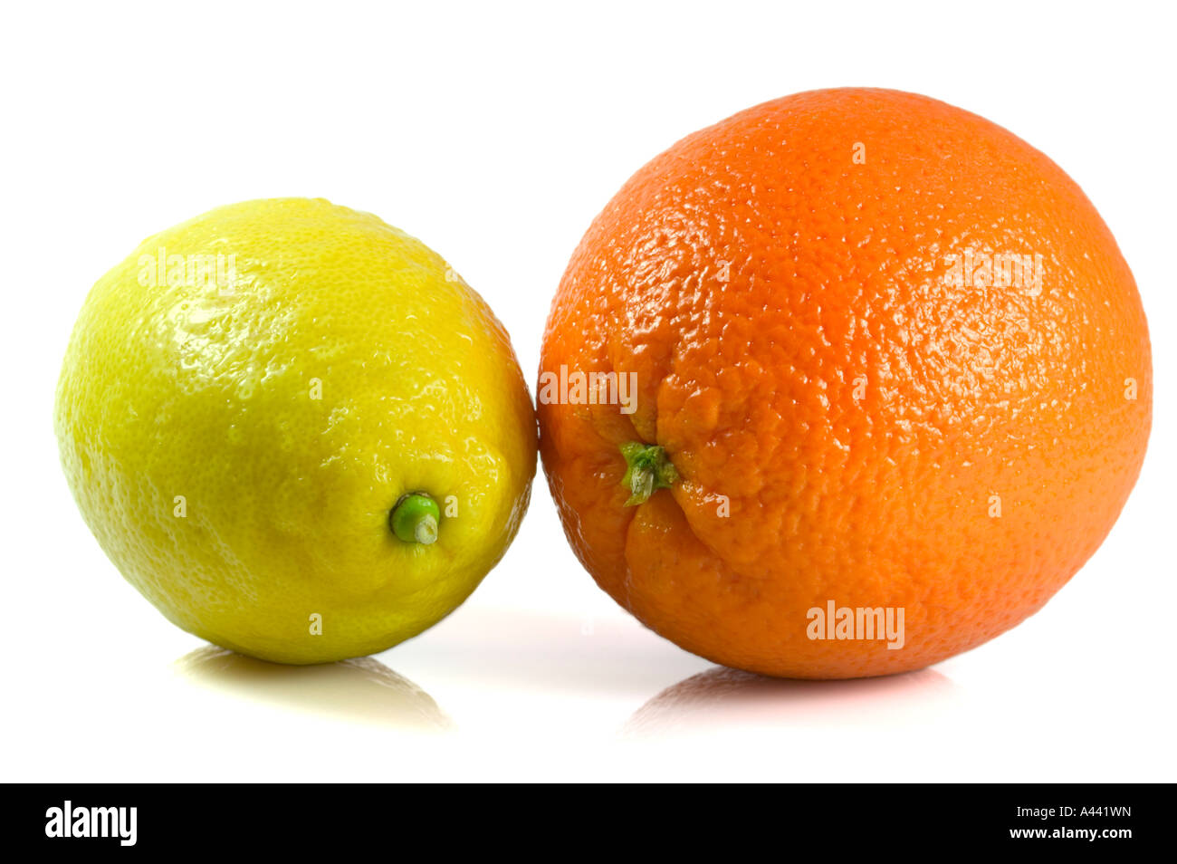 Orange and Lemon isolated on white reflective surface Stock Photo - Alamy