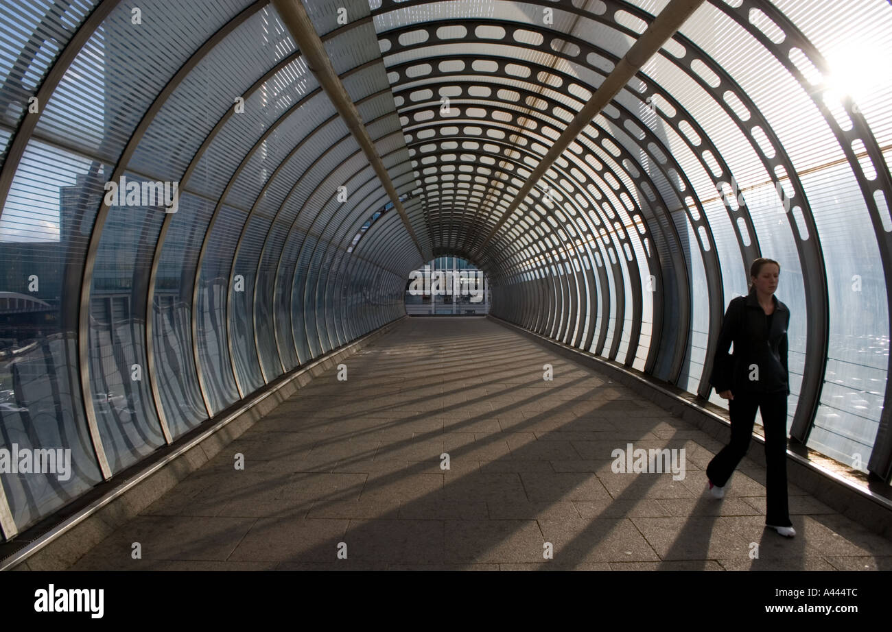 Covered bridge walkway near Poplar DLR station Docklands London UK ...
