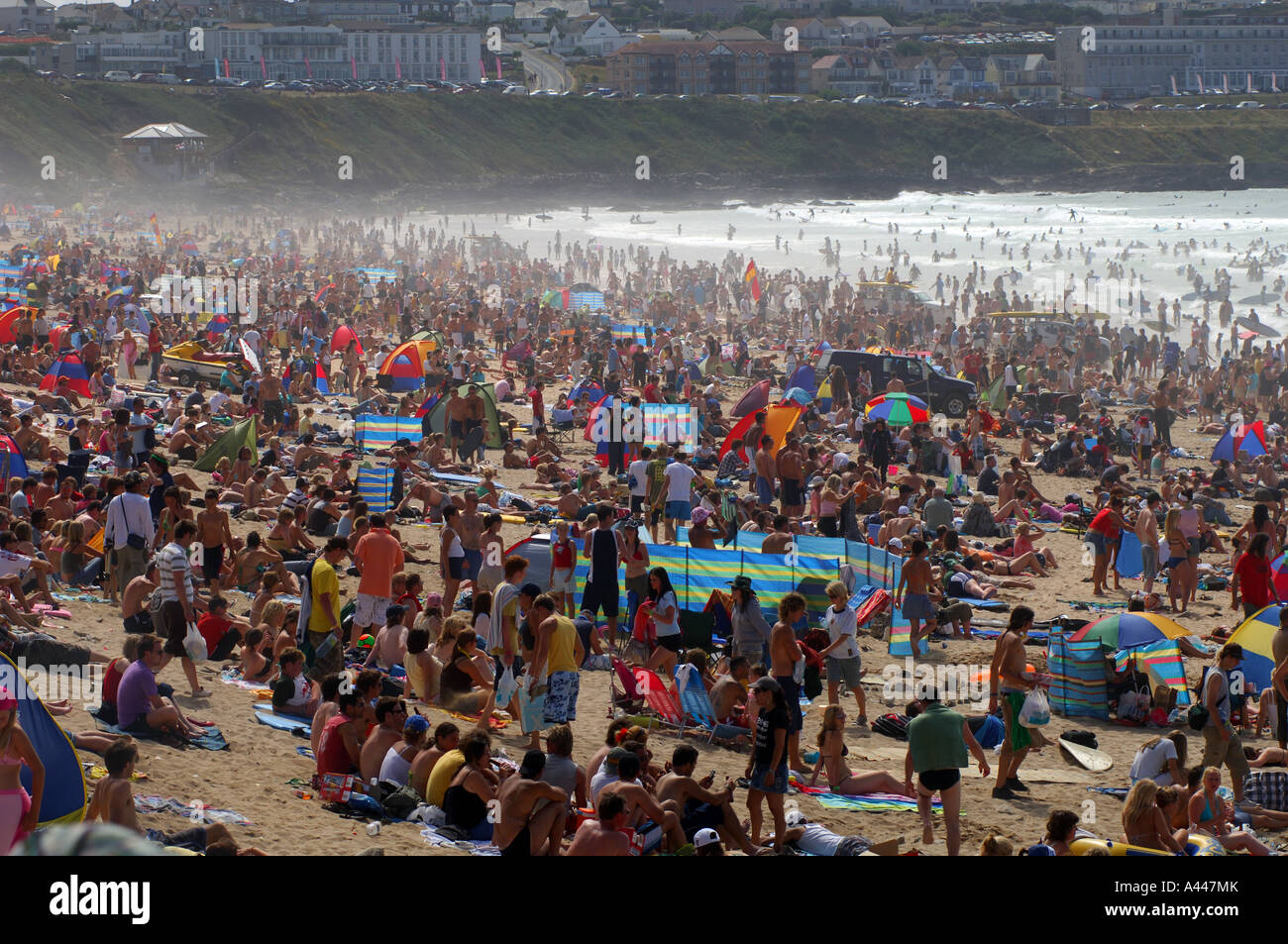 The crowded fistral beach in Cornwall during the summer time Stock ...