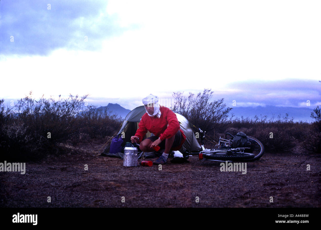Lone adventure touring cyclist camped in sonoran desert Mexico Stock ...