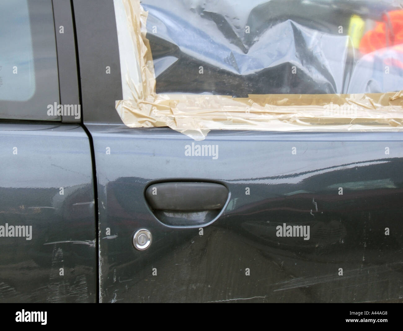 temporary repair for smashed car window Stock Photo - Alamy