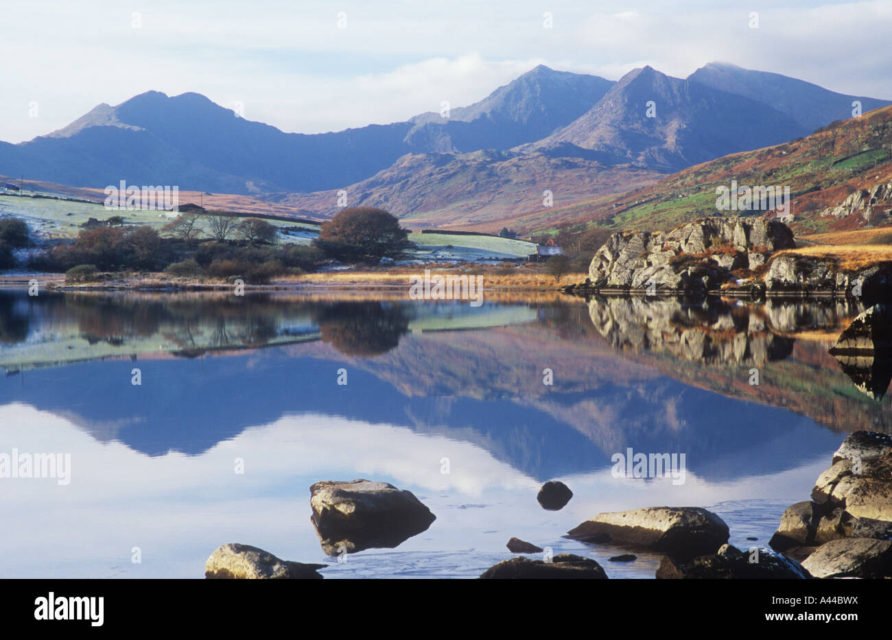 Snowdon Horseshoe, seen from Llyn Mymbyr. Capel Curig, Snowdonia ...