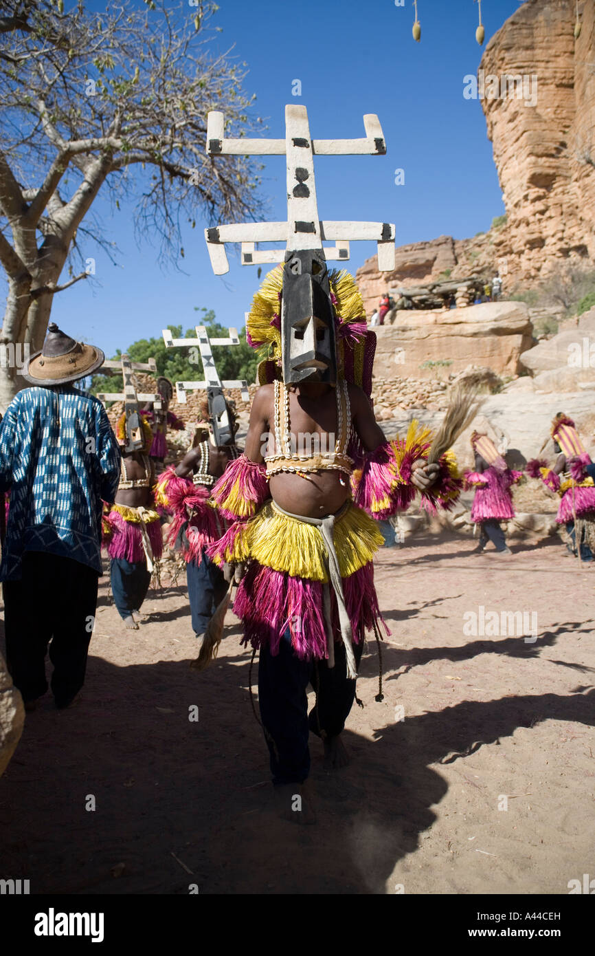 Dancers at the mask dance in the village of Tereli, Dogon Country, Mali ...