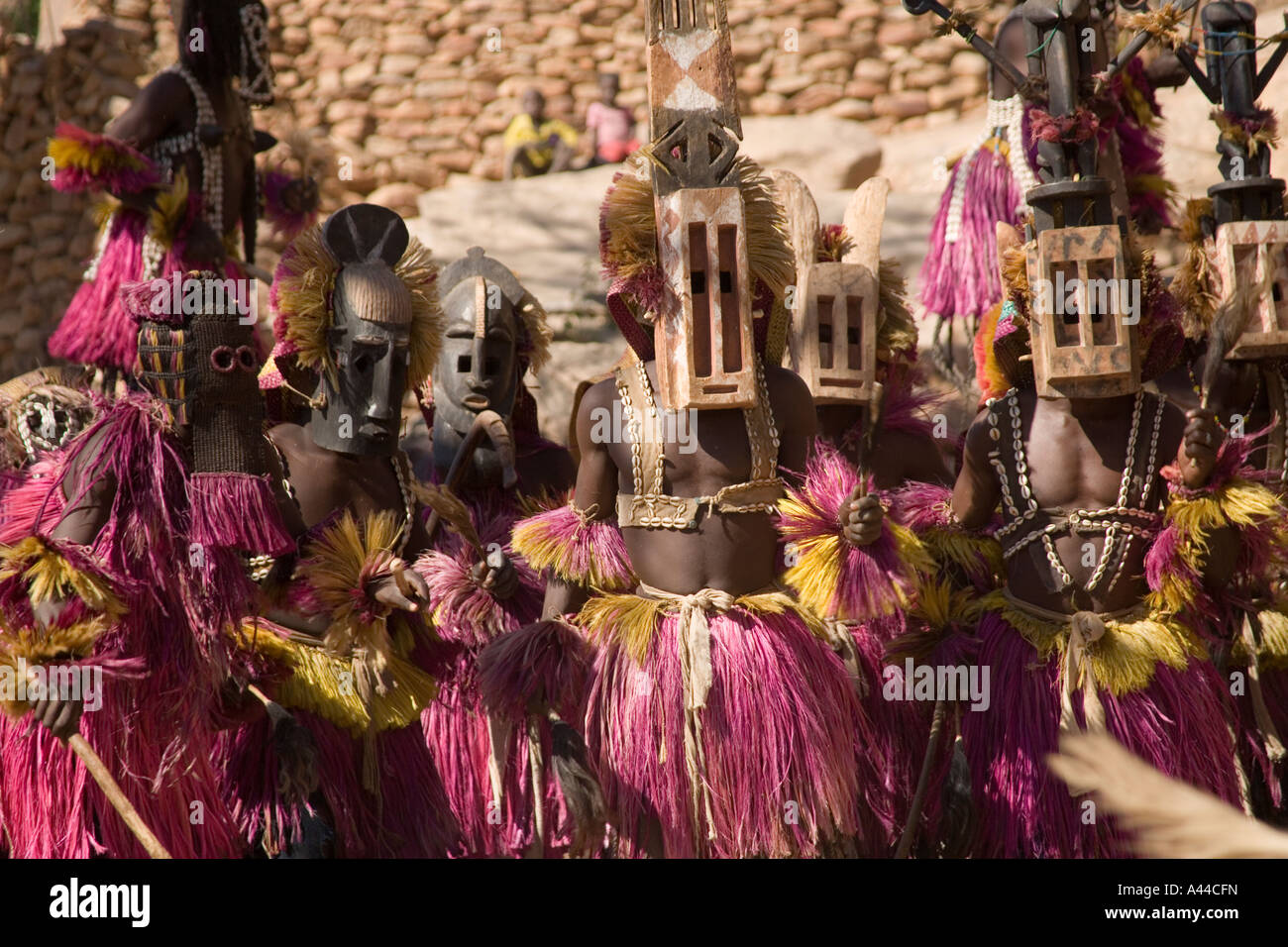 Dancers at the mask dance in the village of Tereli, Dogon Country, Mali ...