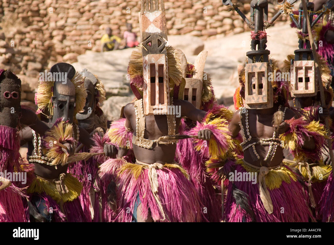 Dancers at the mask dance in the village of Tereli, Dogon Country, Mali ...