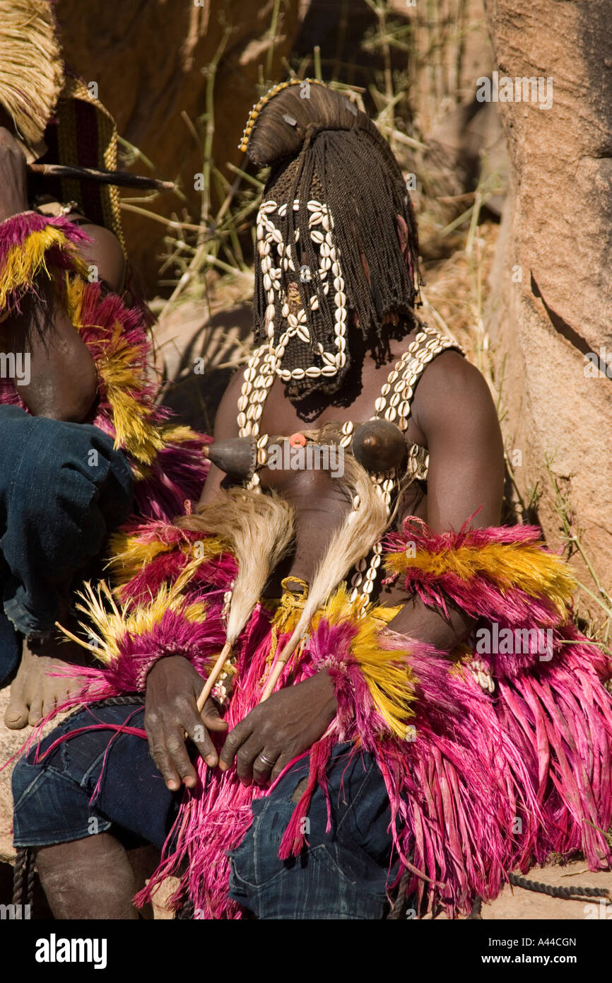 Dancers at the mask dance in the village of Tereli, Dogon Country, Mali ...