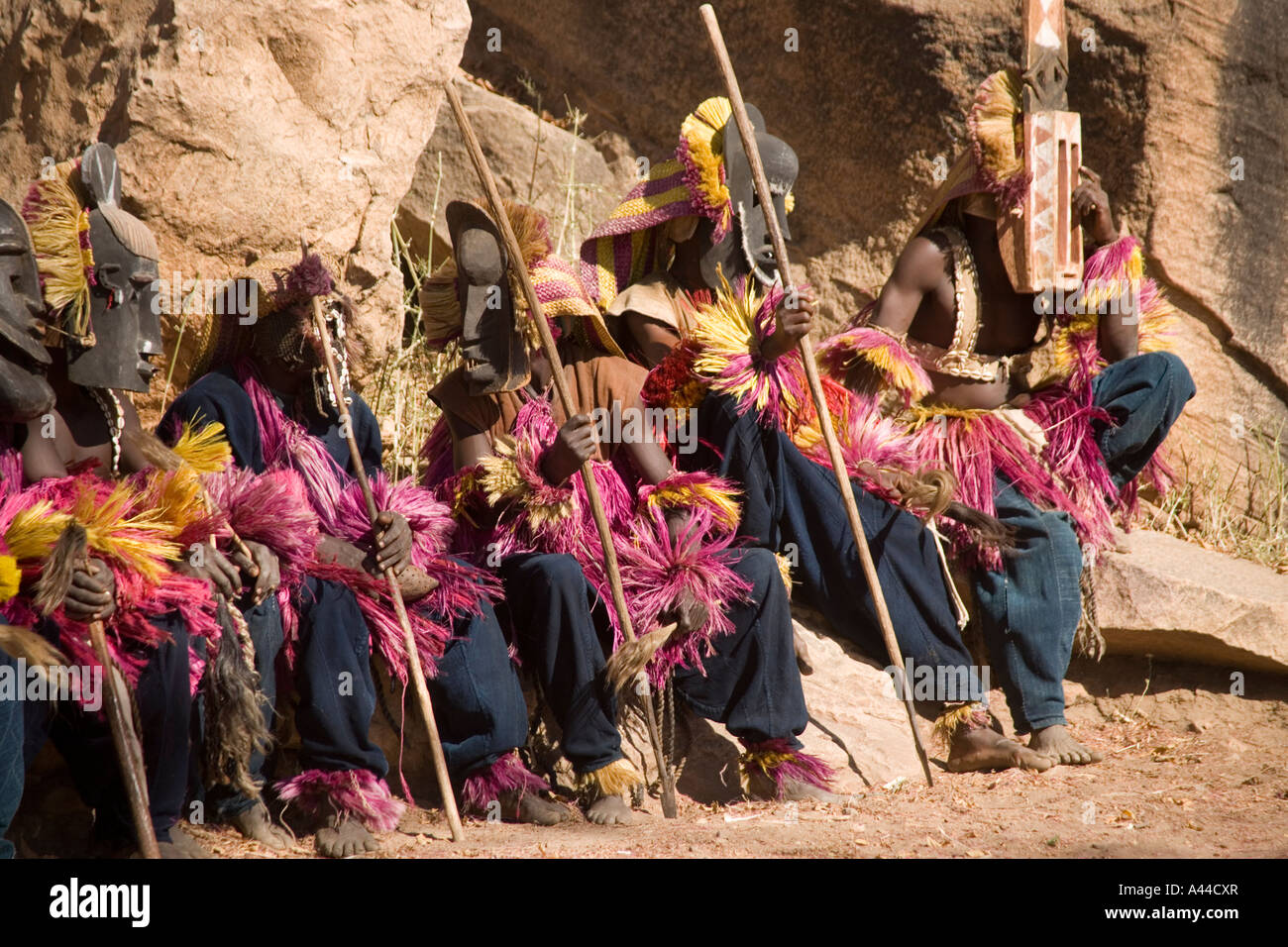 Dancers at the mask dance in the village of Tereli, Dogon Country, Mali ...