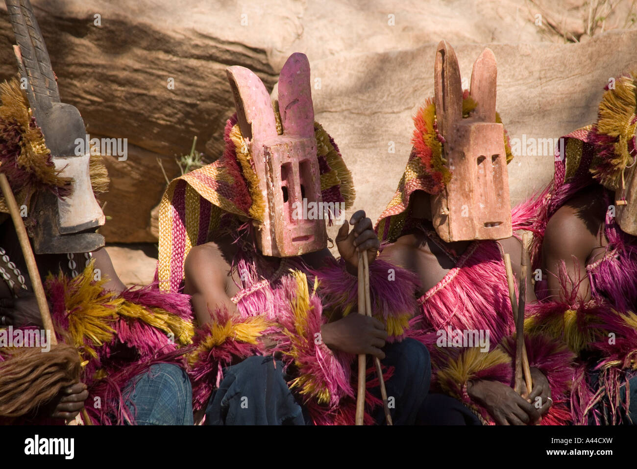 Dancers at the mask dance in the village of Tereli, Dogon Country, Mali ...