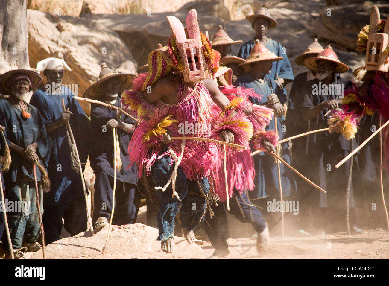 Dancers at the mask dance in the village of Tereli, Dogon Country, Mali ...