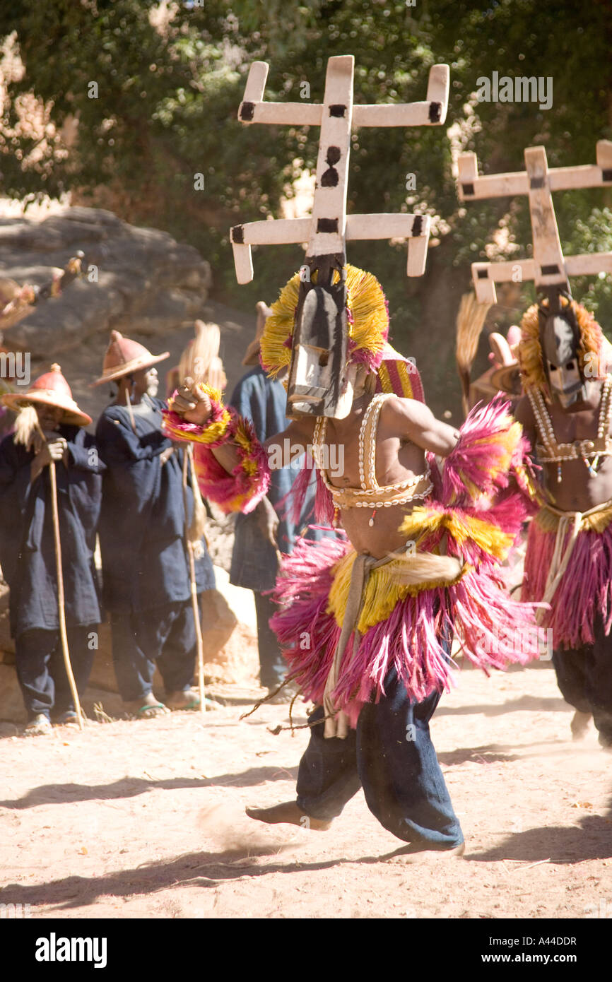 Dancers at the mask dance in the village of Tereli, Dogon Country, Mali ...