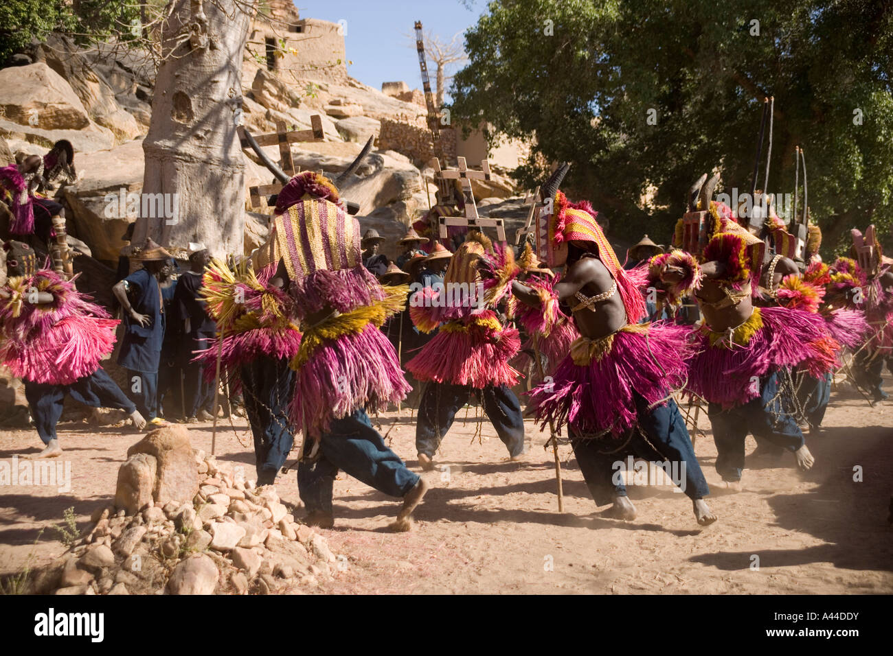 Dancers at the mask dance in the village of Tereli, Dogon Country, Mali ...
