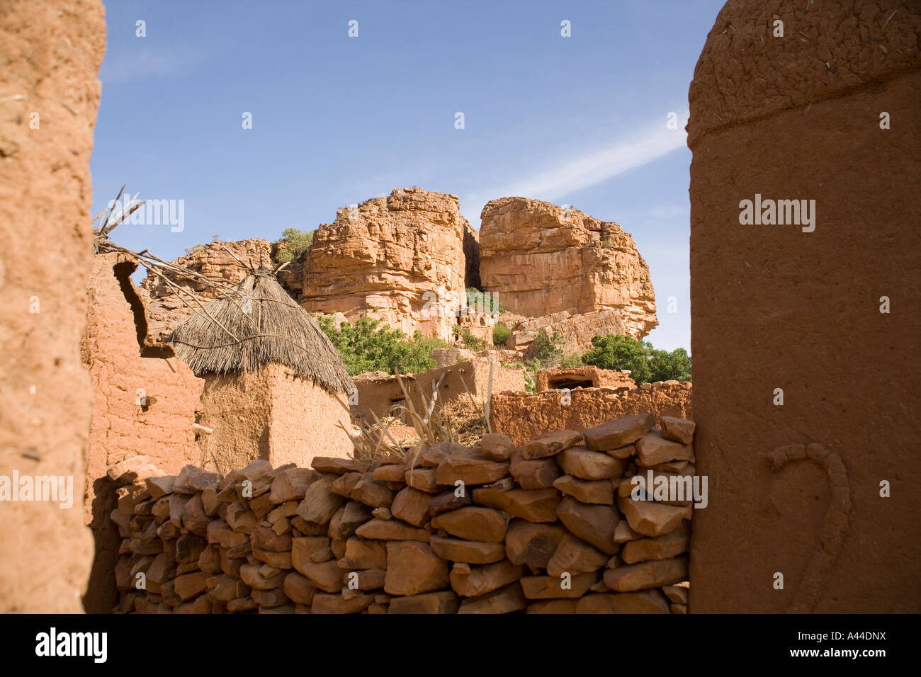 The cliffs above the village of Songo in the Dogon country, Mali, West ...
