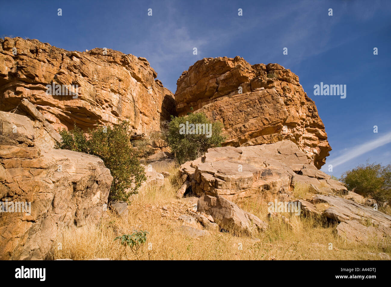 The cliffs above the village of Songo in the Dogon country, Mali, West ...