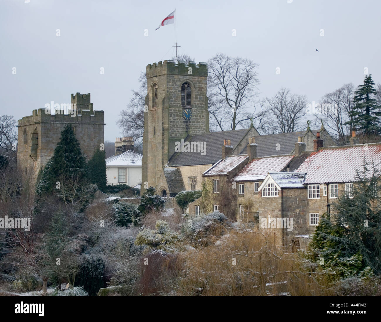 West Tanfield village looking across the River Ure in North Yorkshire ...