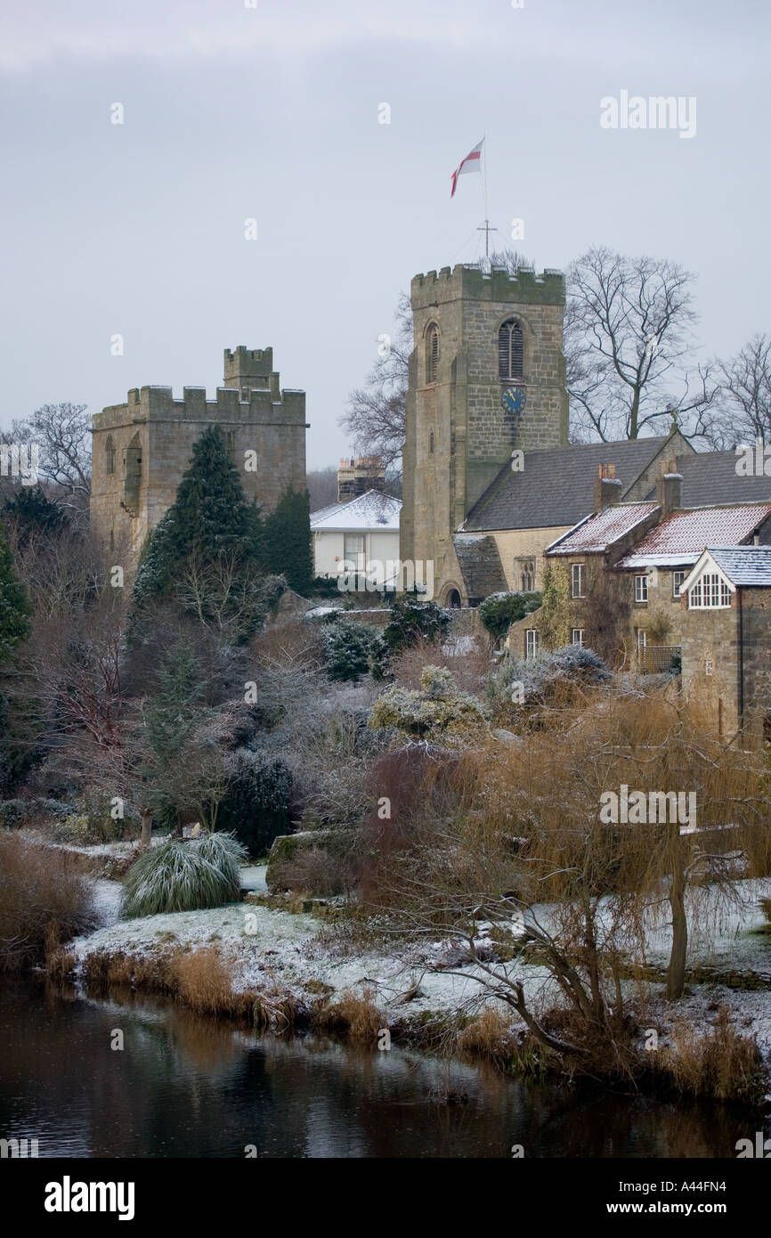 West Tanfield village looking across the River Ure in North Yorkshire ...