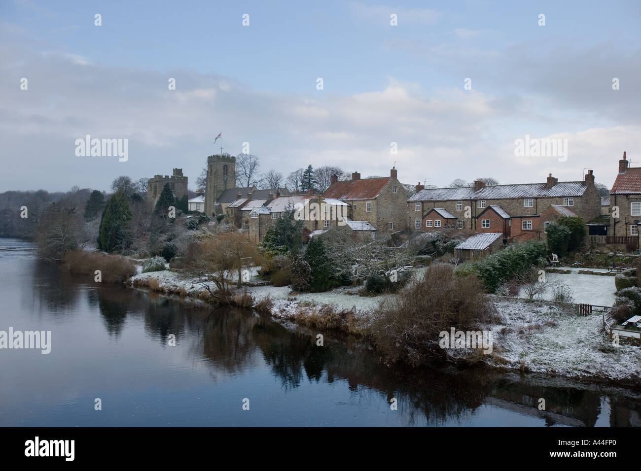West Tanfield village looking across the River Ure in North Yorkshire ...
