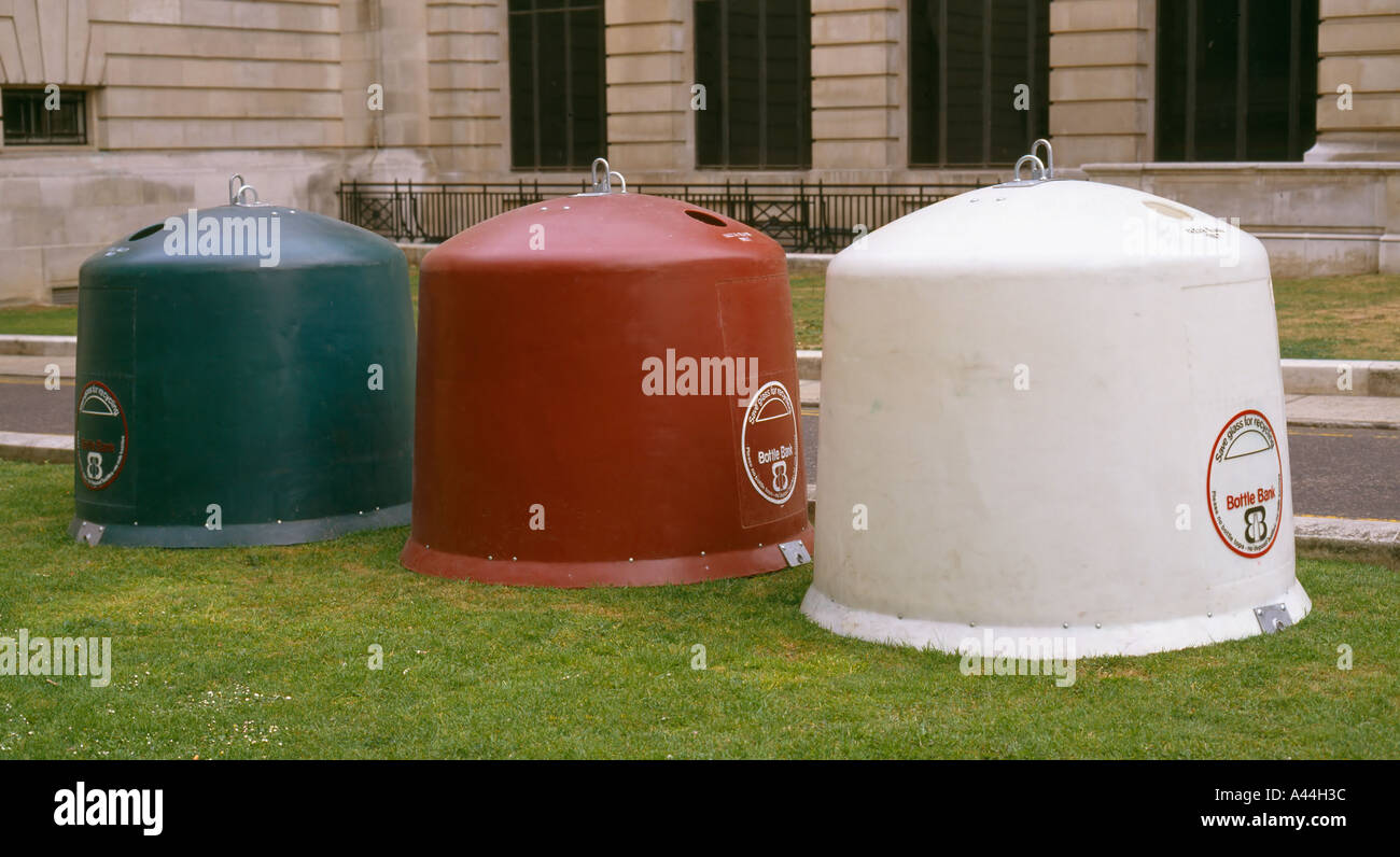 Glass recycling bins green red and clear glass Stock Photo - Alamy