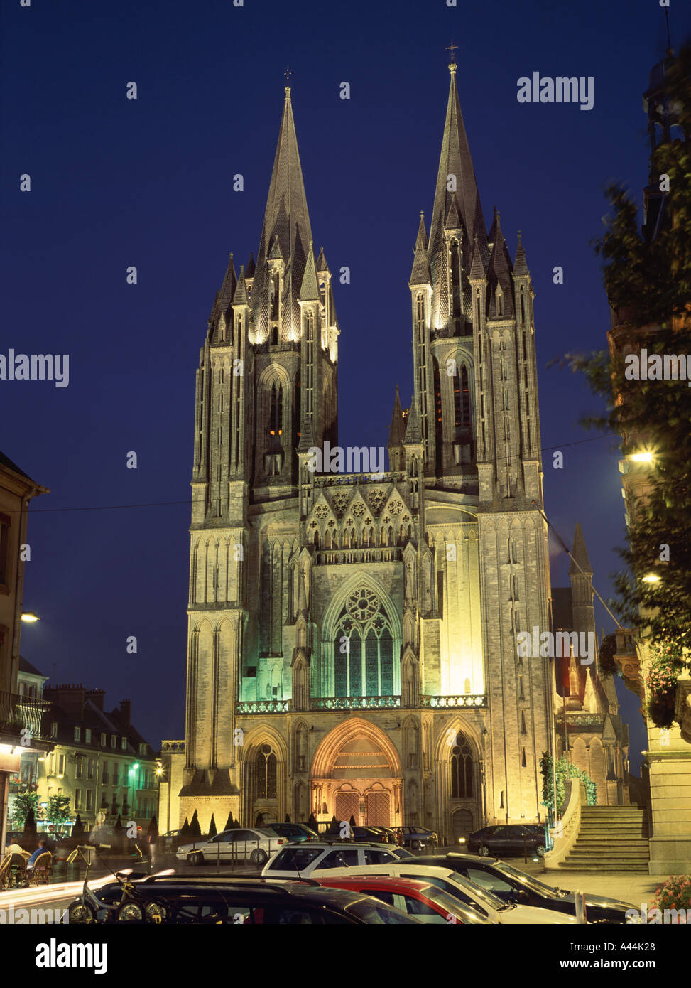 Coutances Cathedral floodlit at night, Normandy, France Stock Photo - Alamy