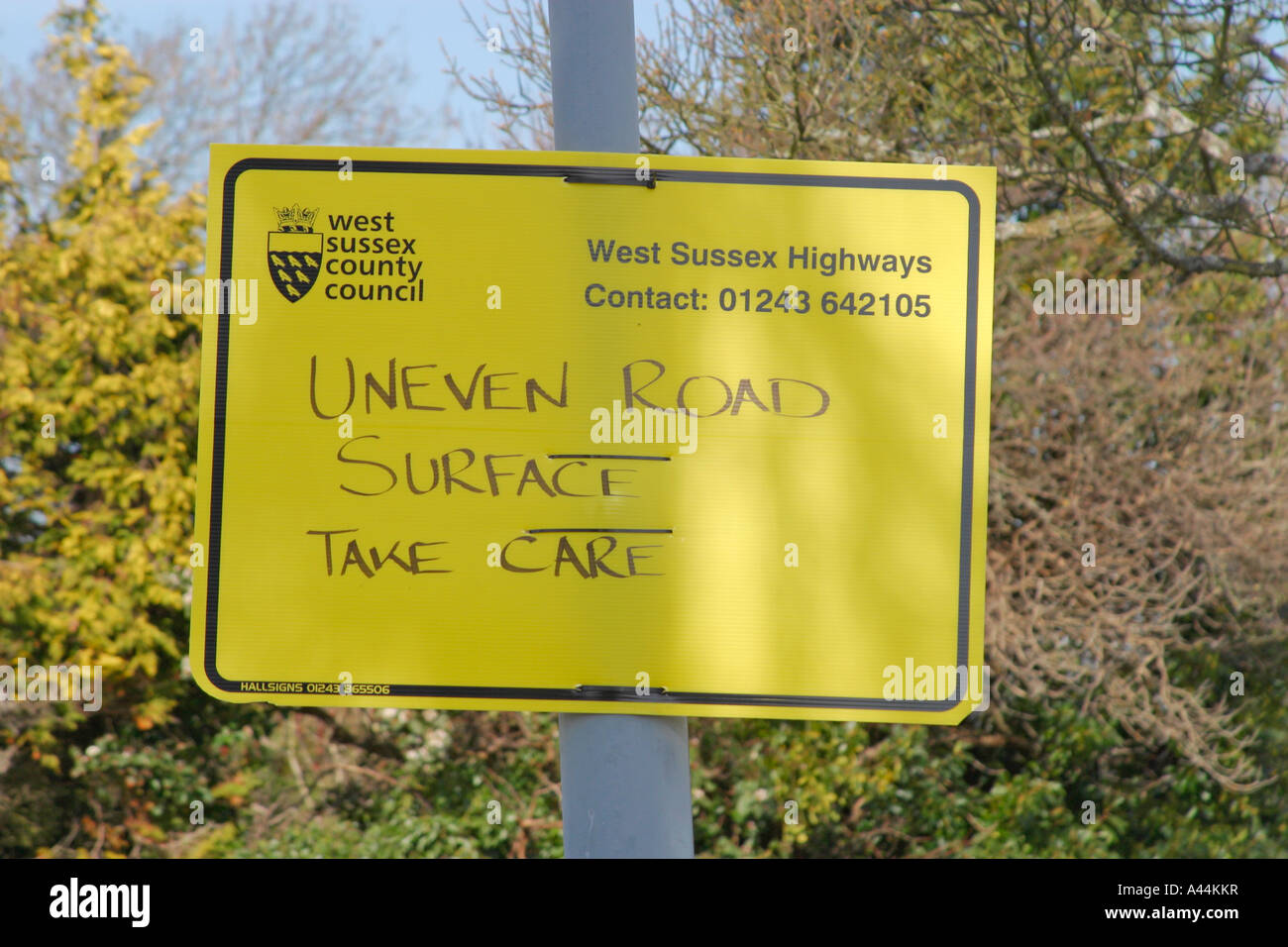 Handwritten Council warning sign by side of road, West Sussex, England ...