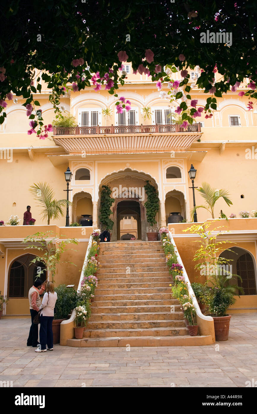 India Rajasthan Samode palace near Jaipur visitors at inner entrance ...
