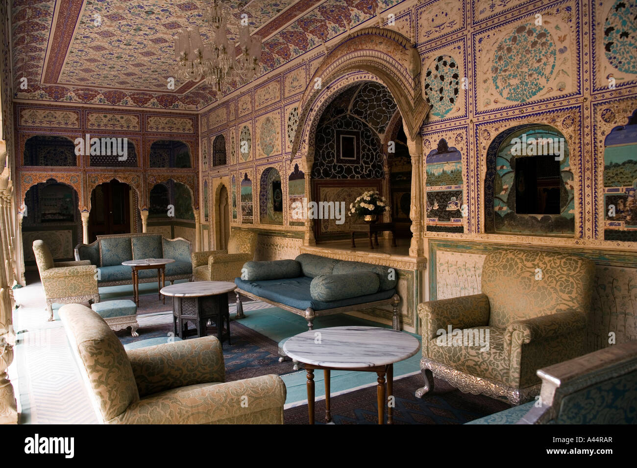 India Rajasthan Samode palace near Jaipur luxurious ornately painted ...