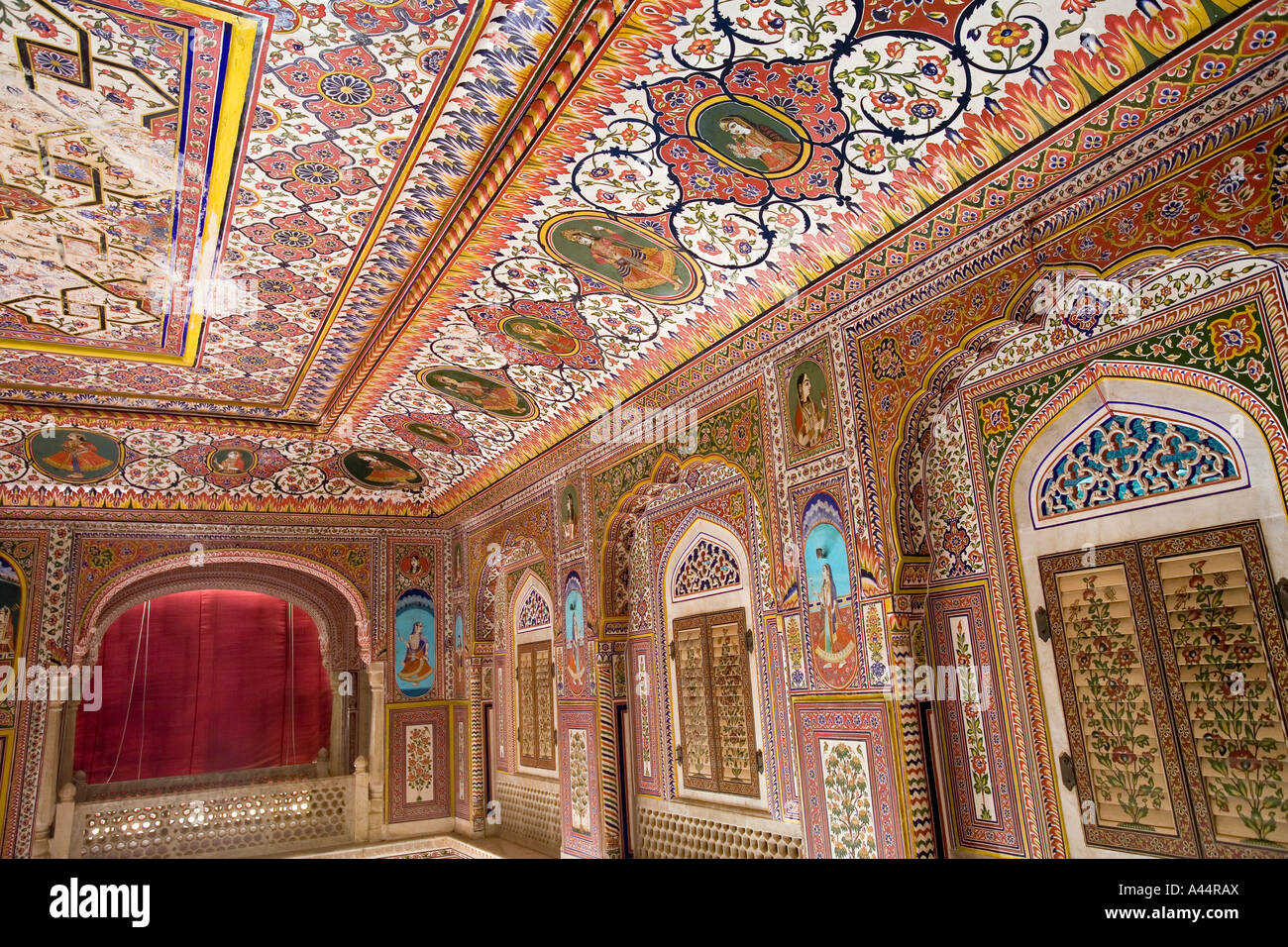 India Rajasthan Samode palace near Jaipur ornately painted durbar hall ...