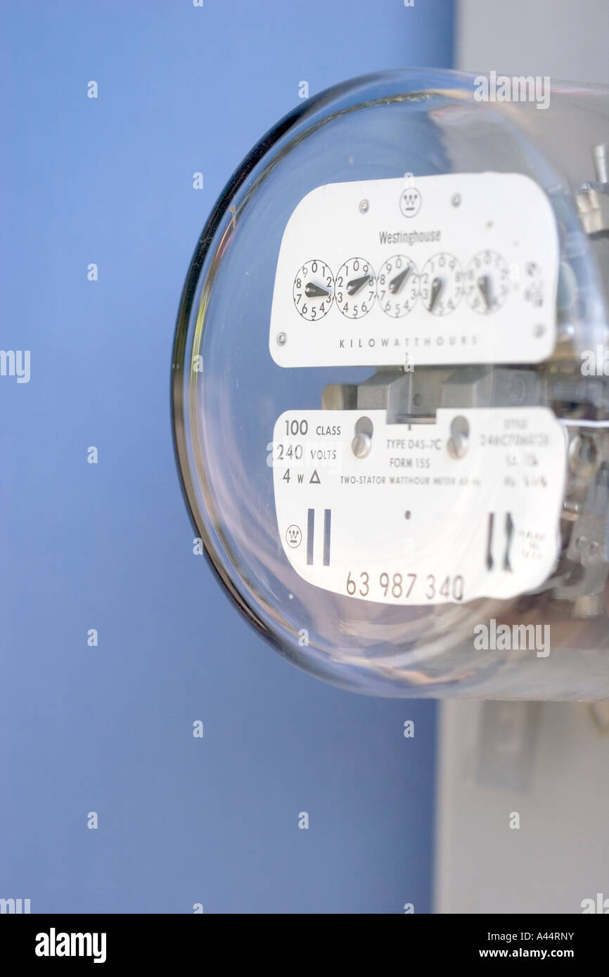 Mains supply electric power meter showing analog dials and glass cover ...