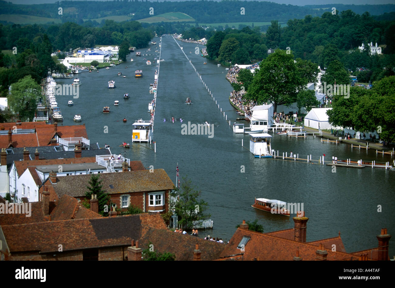Henley Rowing Regatta on River Thames with two rowing boats competing ...