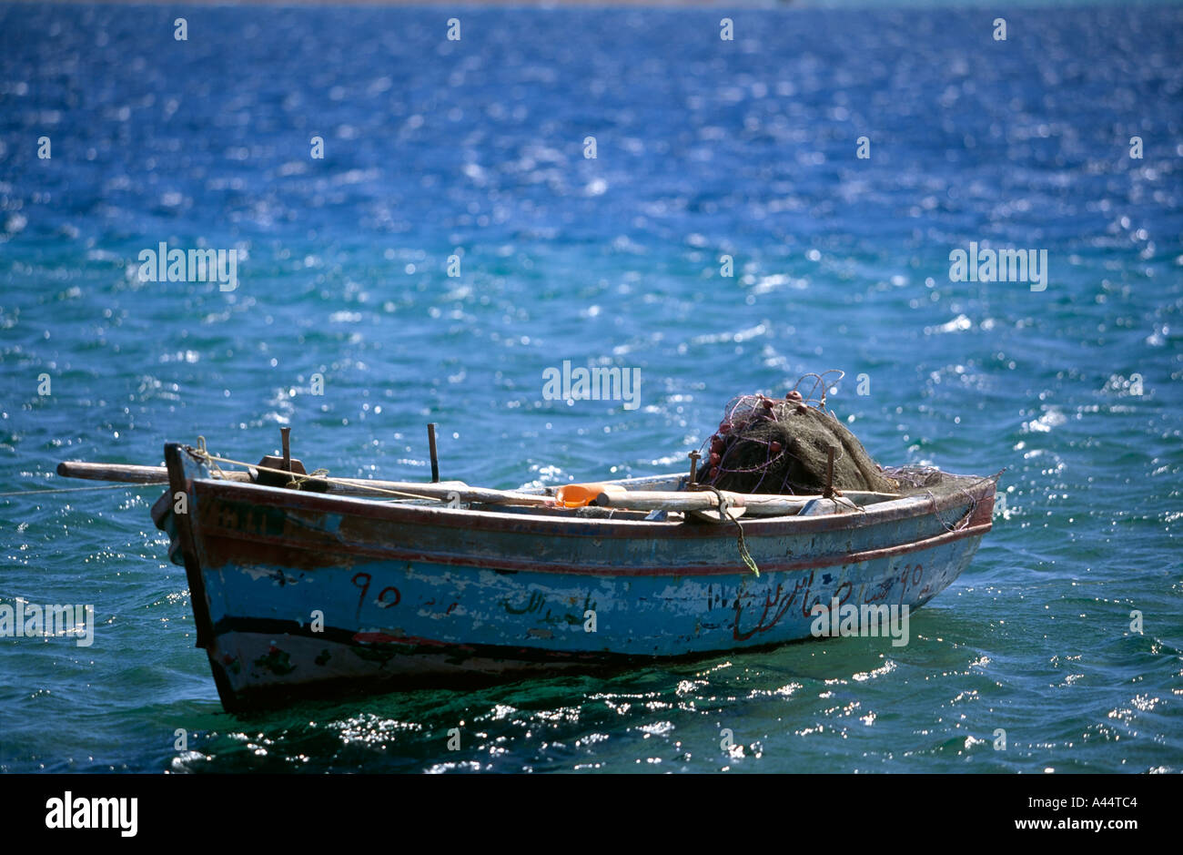 traditional arabic fishing boat moored on the Red Sea at Dahab Sinai ...
