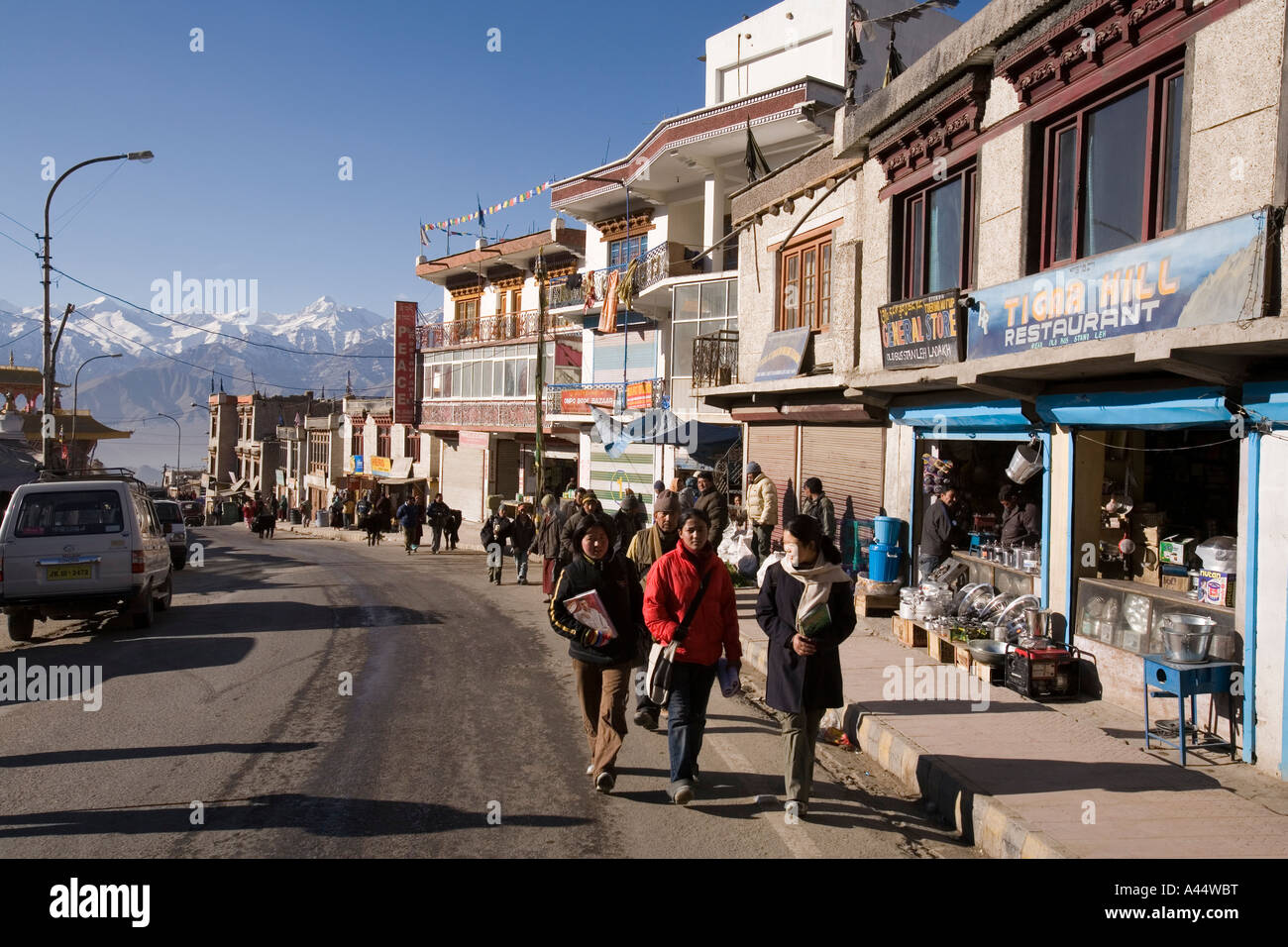 India Ladakh Leh bazaar in winter shops and restaurants near old bus ...