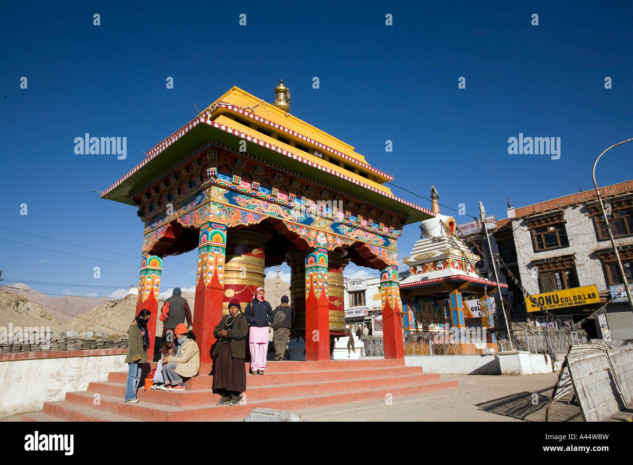 India Ladakh Leh bazaar in winter chorten and prayer wheels near old ...
