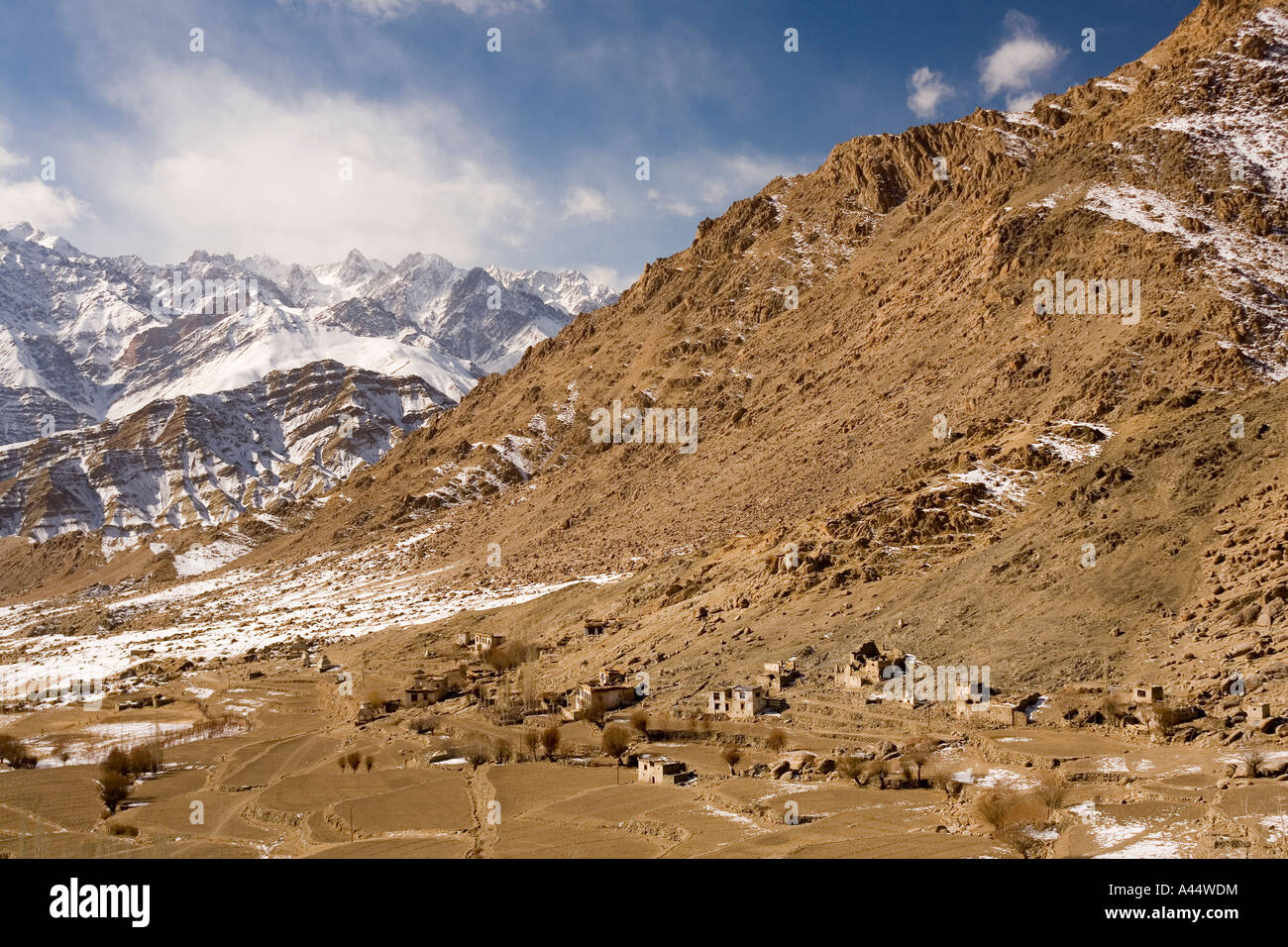 India Ladakh Leh Valley sparse houses of Saspol village from Likkir ...