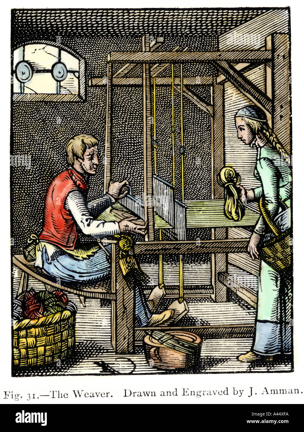 Weaver at his loom in Europe 1600s. Hand-colored woodcut Stock Photo ...