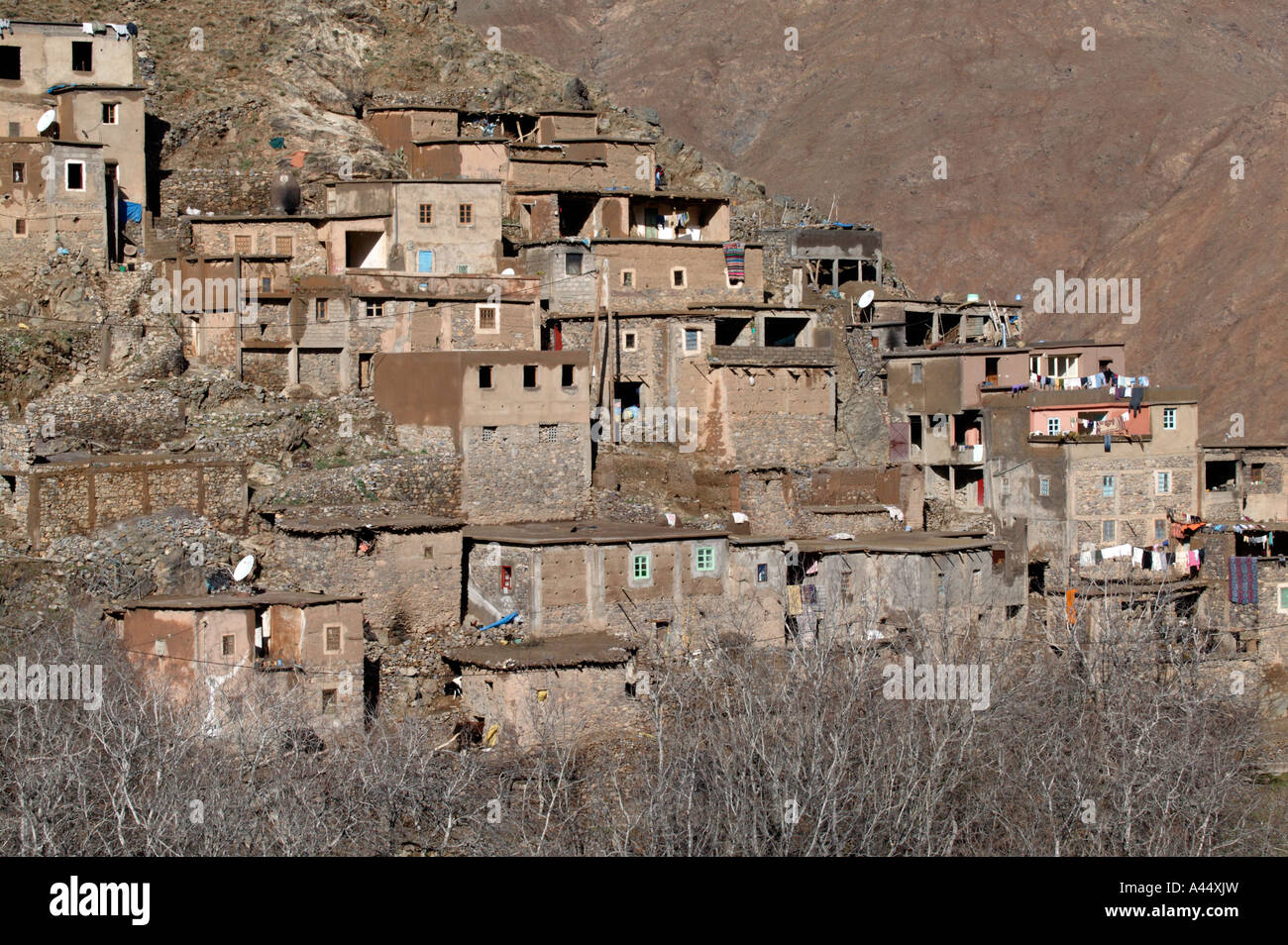 Traditional Berber mountain village, High Atlas mountains near Imlil ...