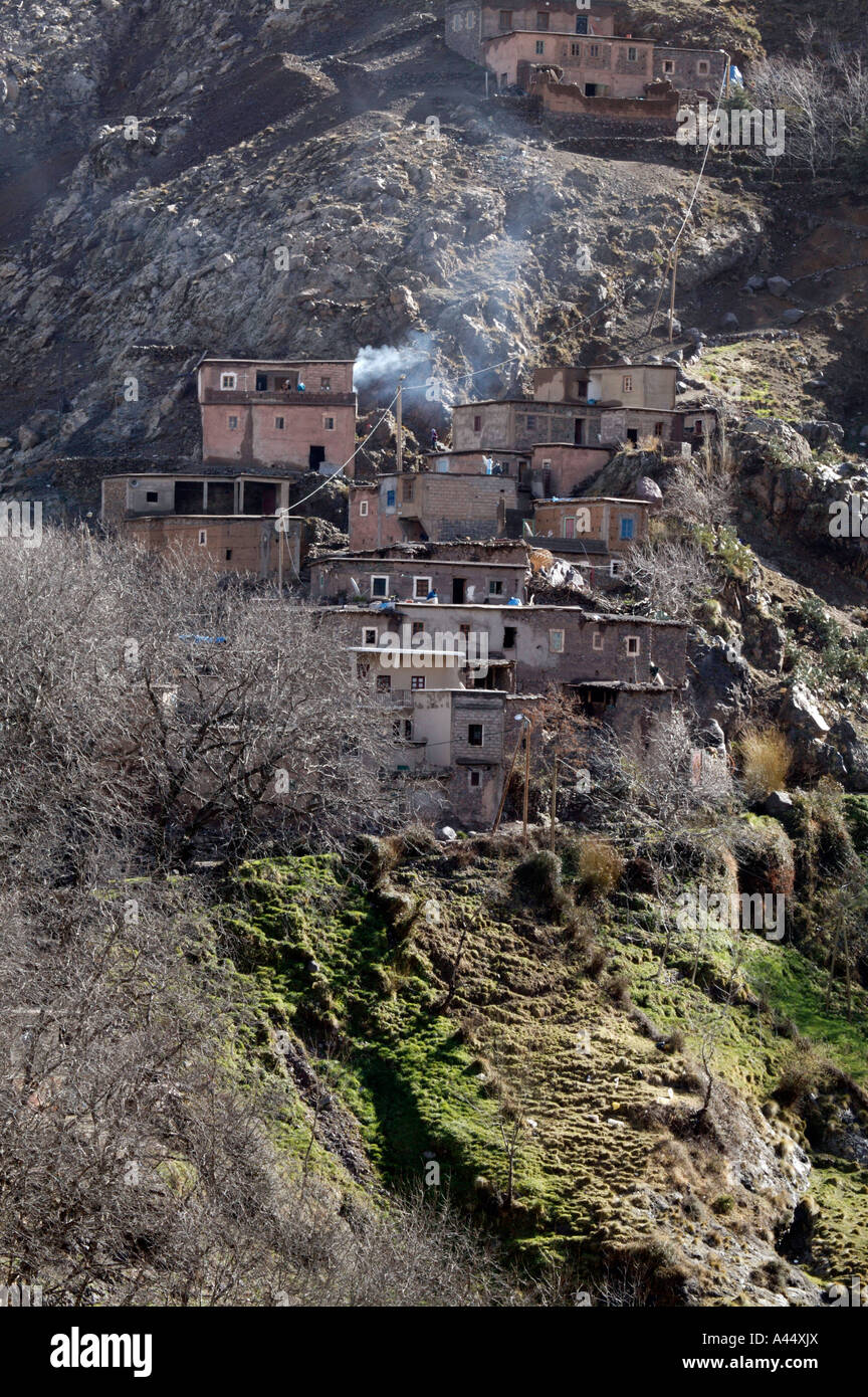 Traditional Berber mountain village in High Atlas mountains near Imlil ...