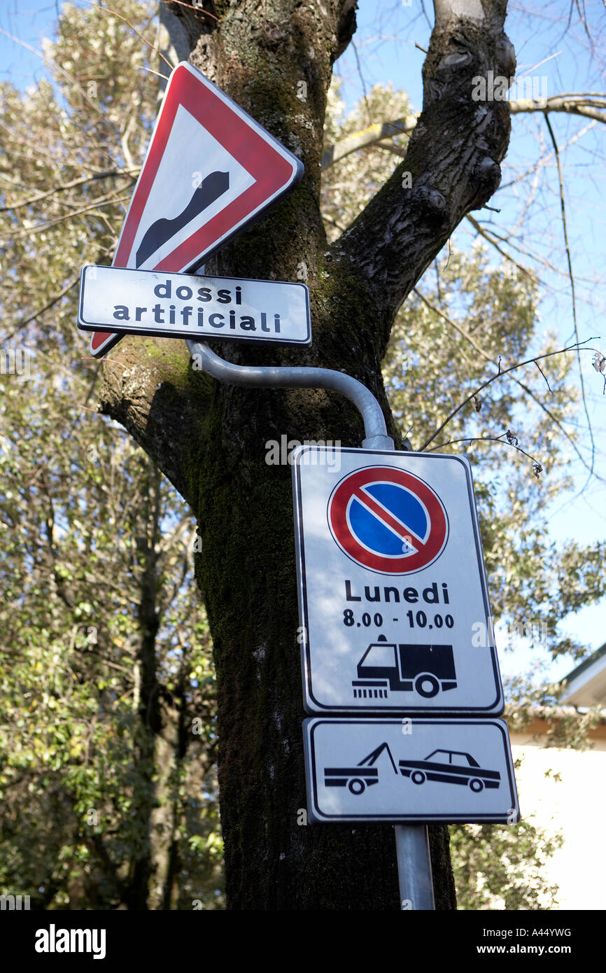 Road traffic signs and parking restriction Greve in Chianti Tuscany ...