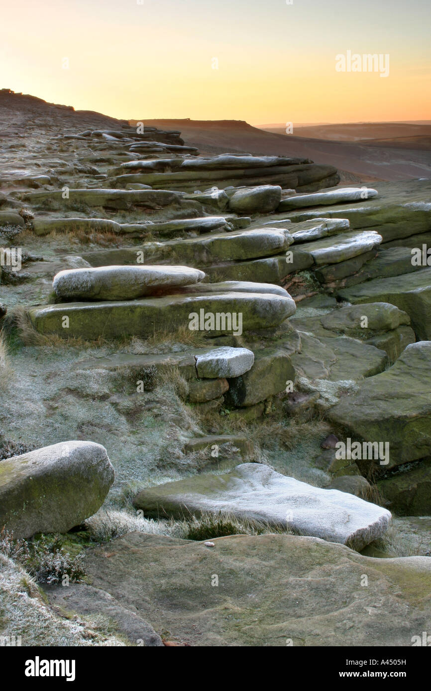 Stanage Edge, Winter sunrise, Derbyshire, Peak District National Park ...