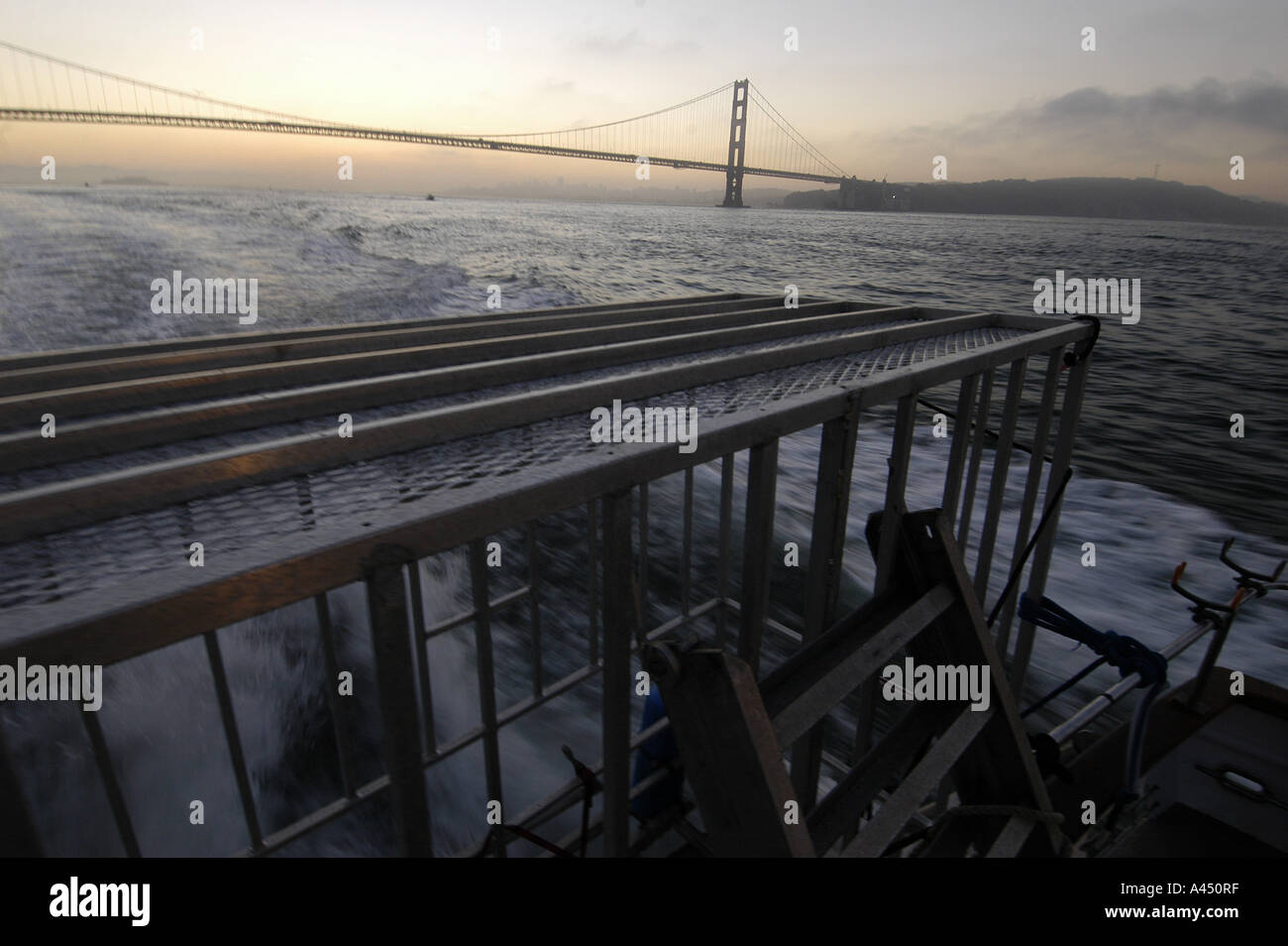 Great white shark diving cage with Golden Gate Bridge at sunrise San ...