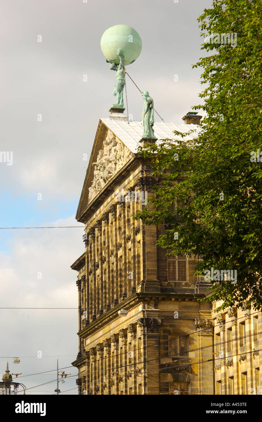 Royal Palace with rooftop Atlas statue, Dam Square. Amsterdam, Holland ...