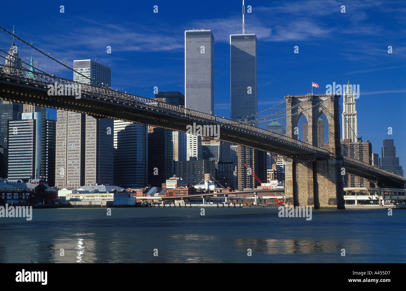 Manhattan skyline with Twin Trade Towers Brooklyn Bridge New York USA ...