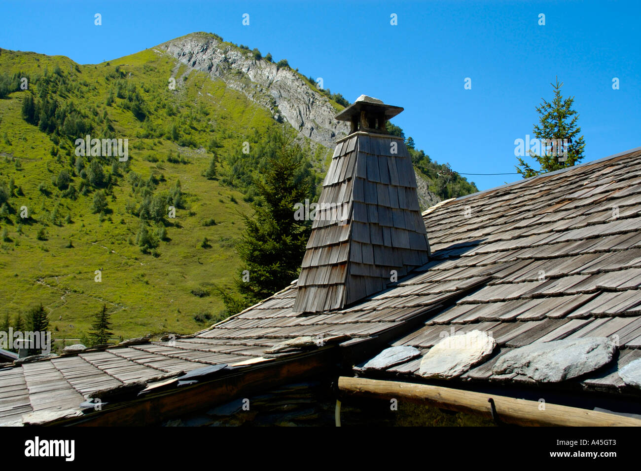 Typical roof and chimney made of wooden shingles Chalets de Miage Haute ...