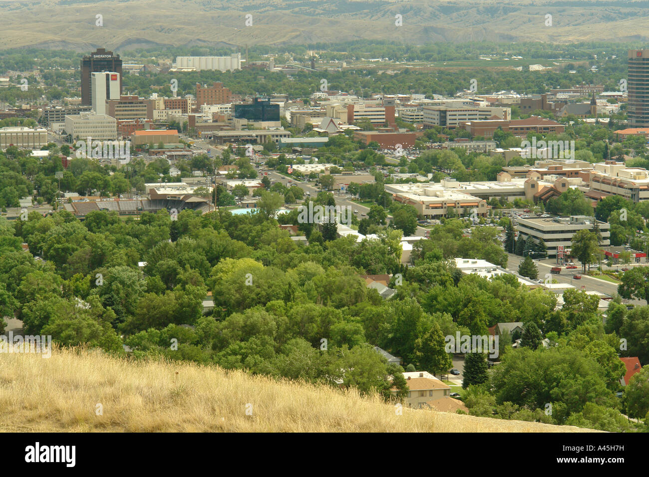 AJD57196, Billings, MT, Montana, aerial, downtown, Rimrock, Chief Black ...