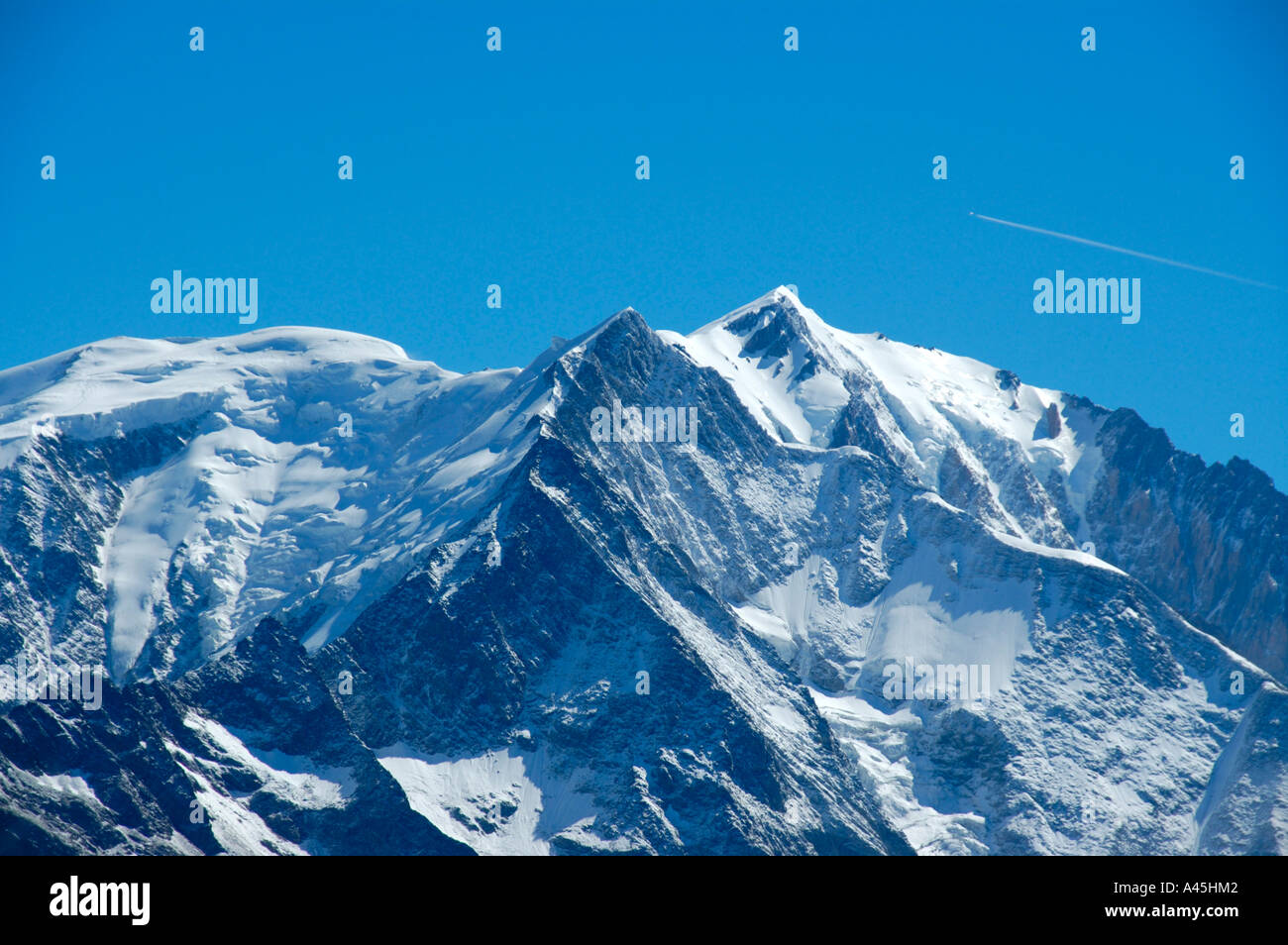 Ice-capped summit of Mt. Blanc seen from Mont Joly Haute-Savoie France ...