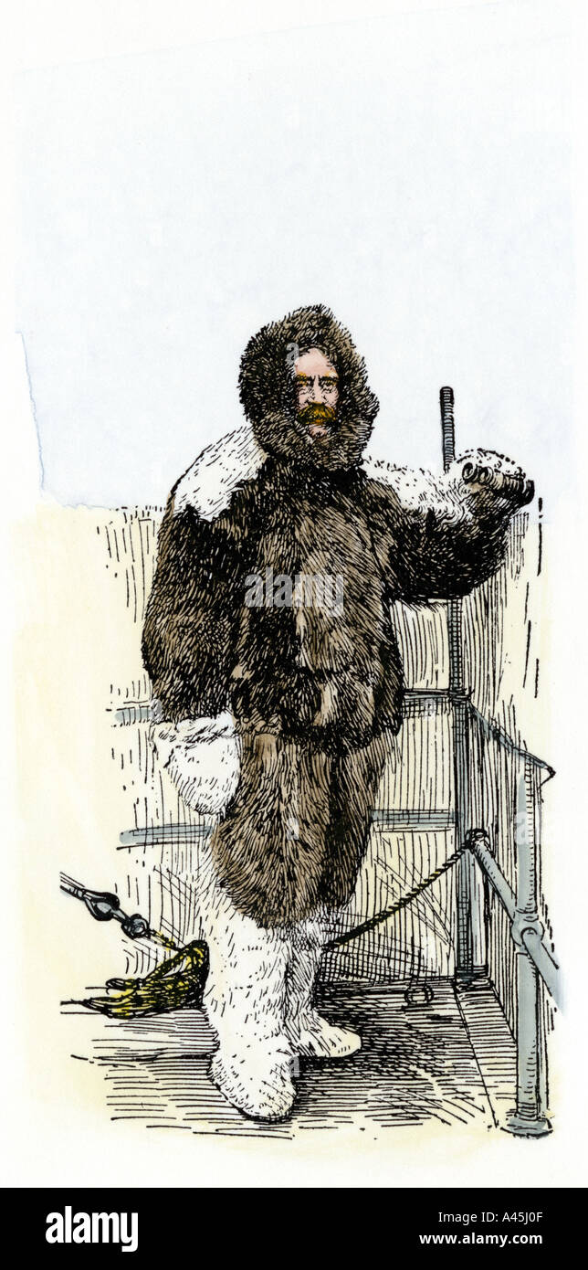 North Pole explorer Robert Edwin Peary in his fur suit and boots. Hand ...